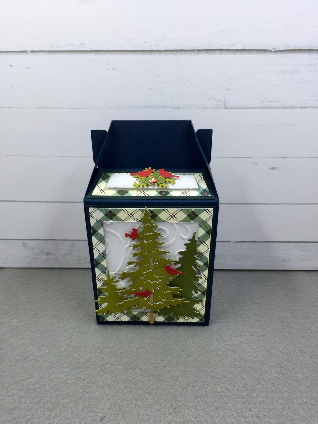 Decorated Die Cut Gable Gift Box Pine Trees With Cardinals Forest ...
