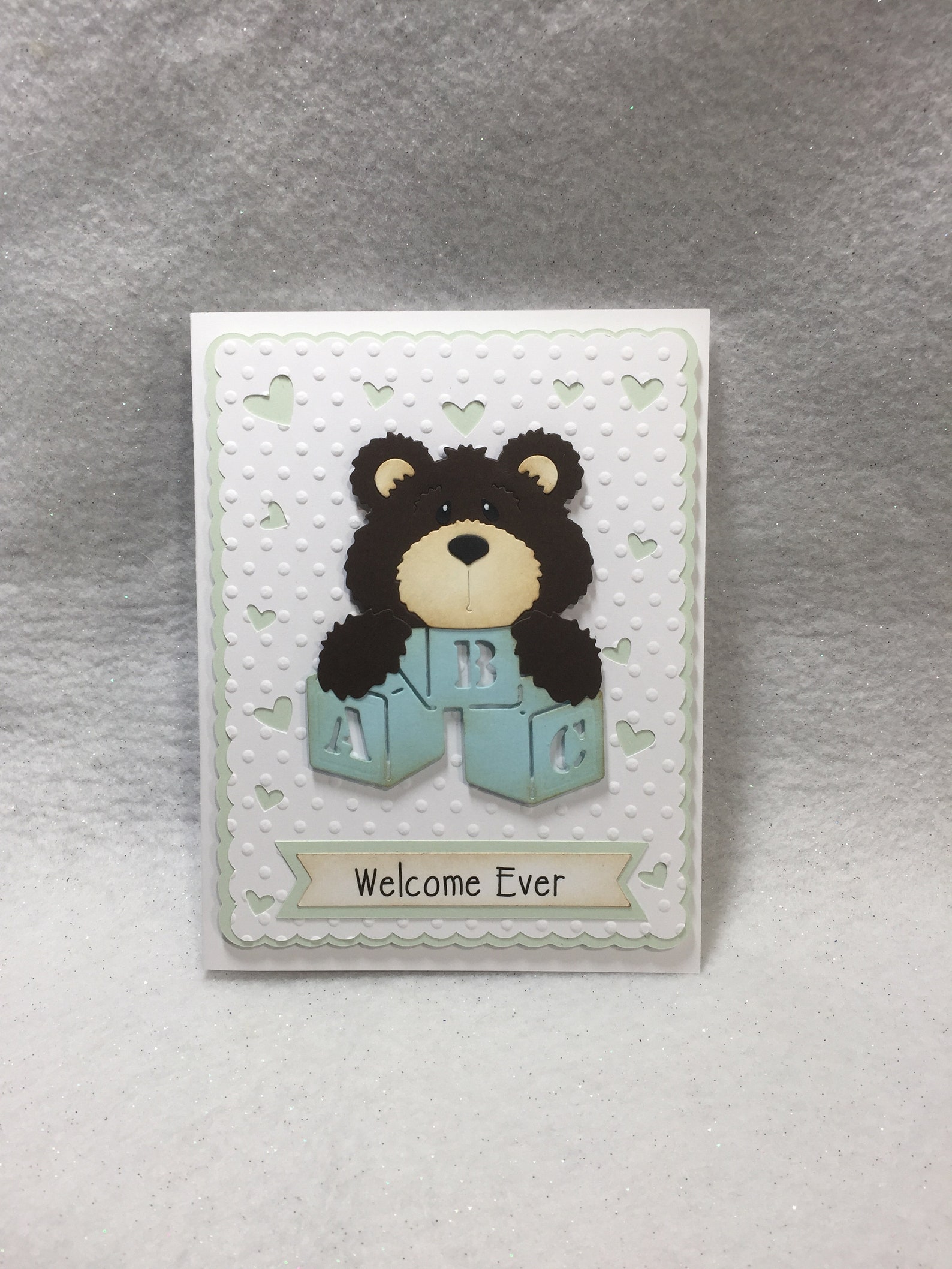 Baby Girl Brown Bear Alphabet Block Welcome Baby Shower Greeting Card ...