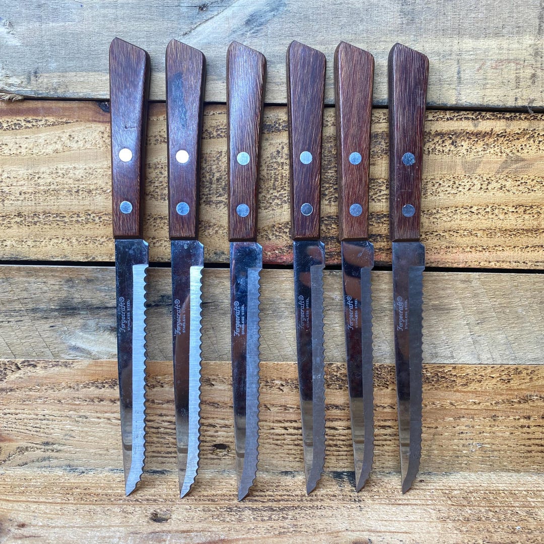 6 Vintage Forgecraft Serrated Steak Knives With Wood Handles Excellent ...