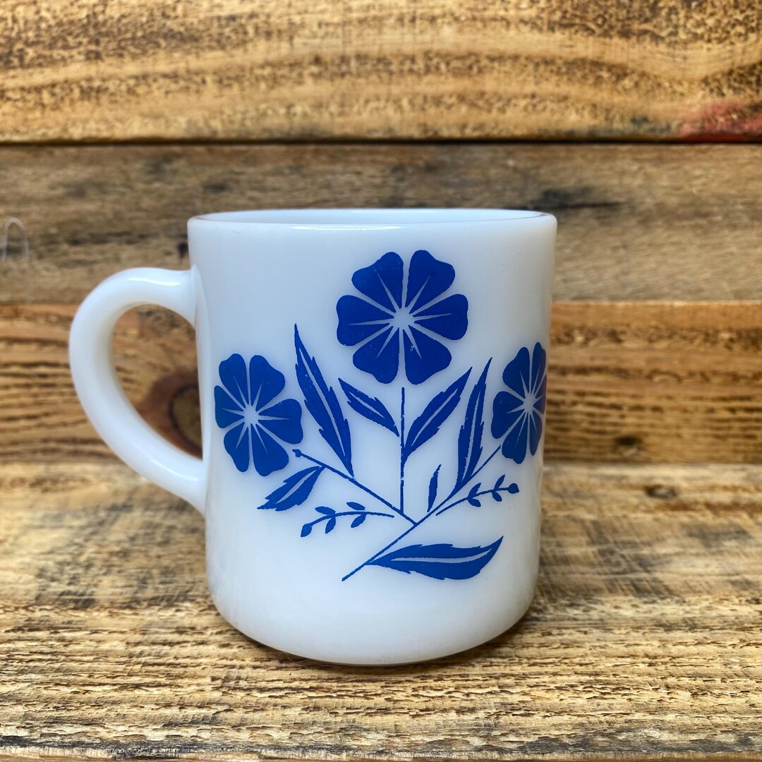 1950's Vintage Hazel Atlas Milk Glass Blue Flower Cornflower Mug or ...