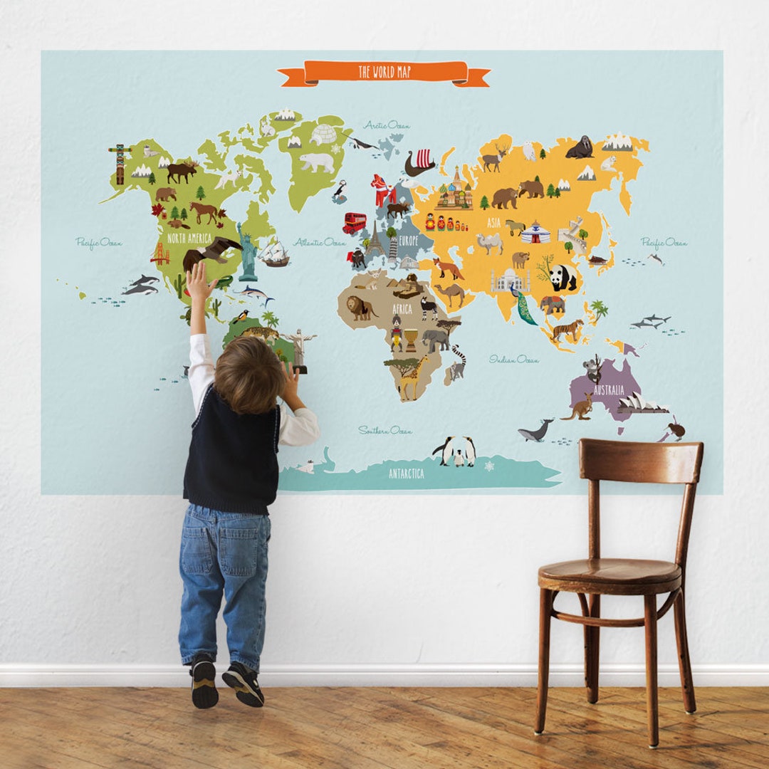 World Map, Kids World Map Poster, Educational Map for Kids, Peel and ...