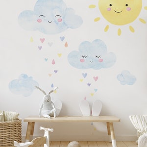 Watercolor Clouds With Heart Rain - Peel and Stick - Wall Stickers - Etsy