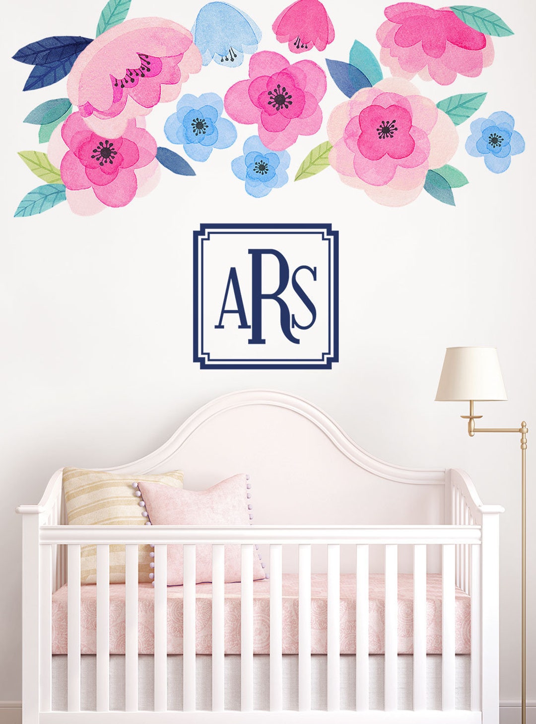 Kids Watercolor Flower Wall Stickers, Pink Blue Blooms Wall Stickers ...