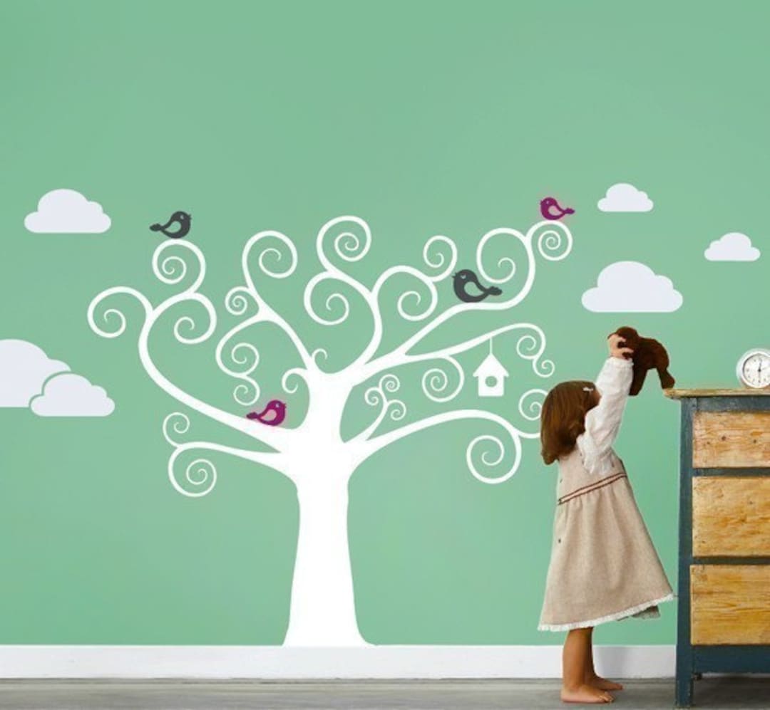 Swirly Tree With Cute Birds Decal Kids Vinyl Wall Sticker - Etsy
