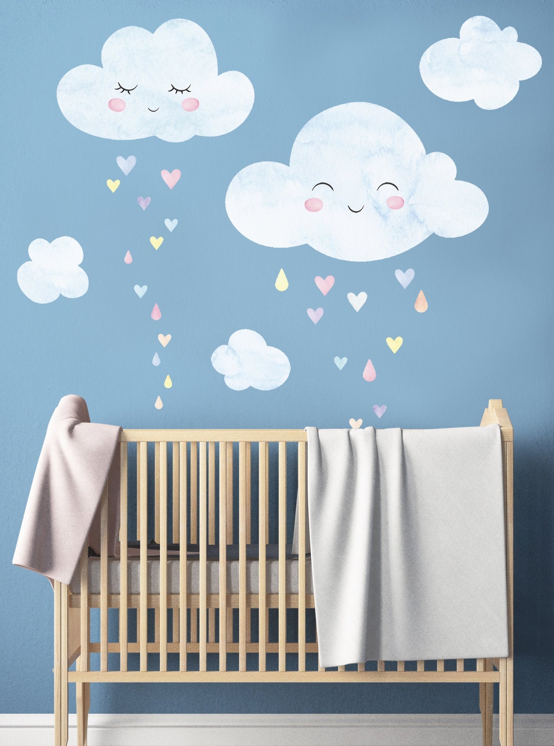 Watercolor Clouds With Heart Rain - Peel and Stick - Wall Stickers - Etsy