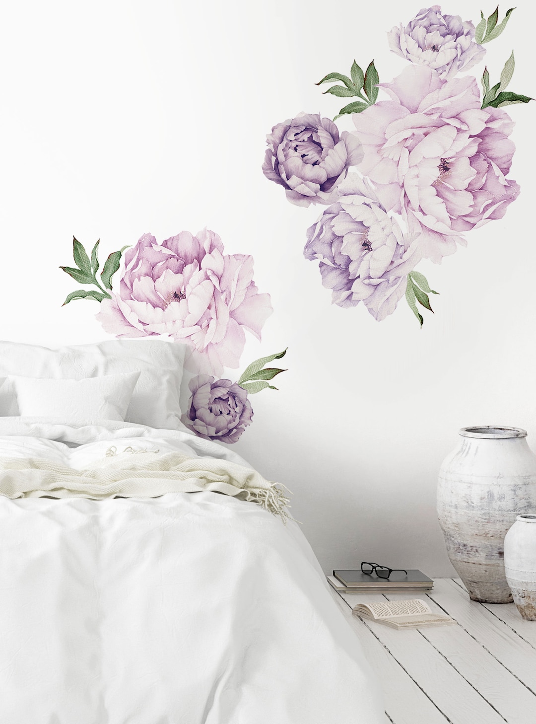 Peony Flowers Wall Sticker, Mixed Lavender Purple Watercolor Peony Wall ...