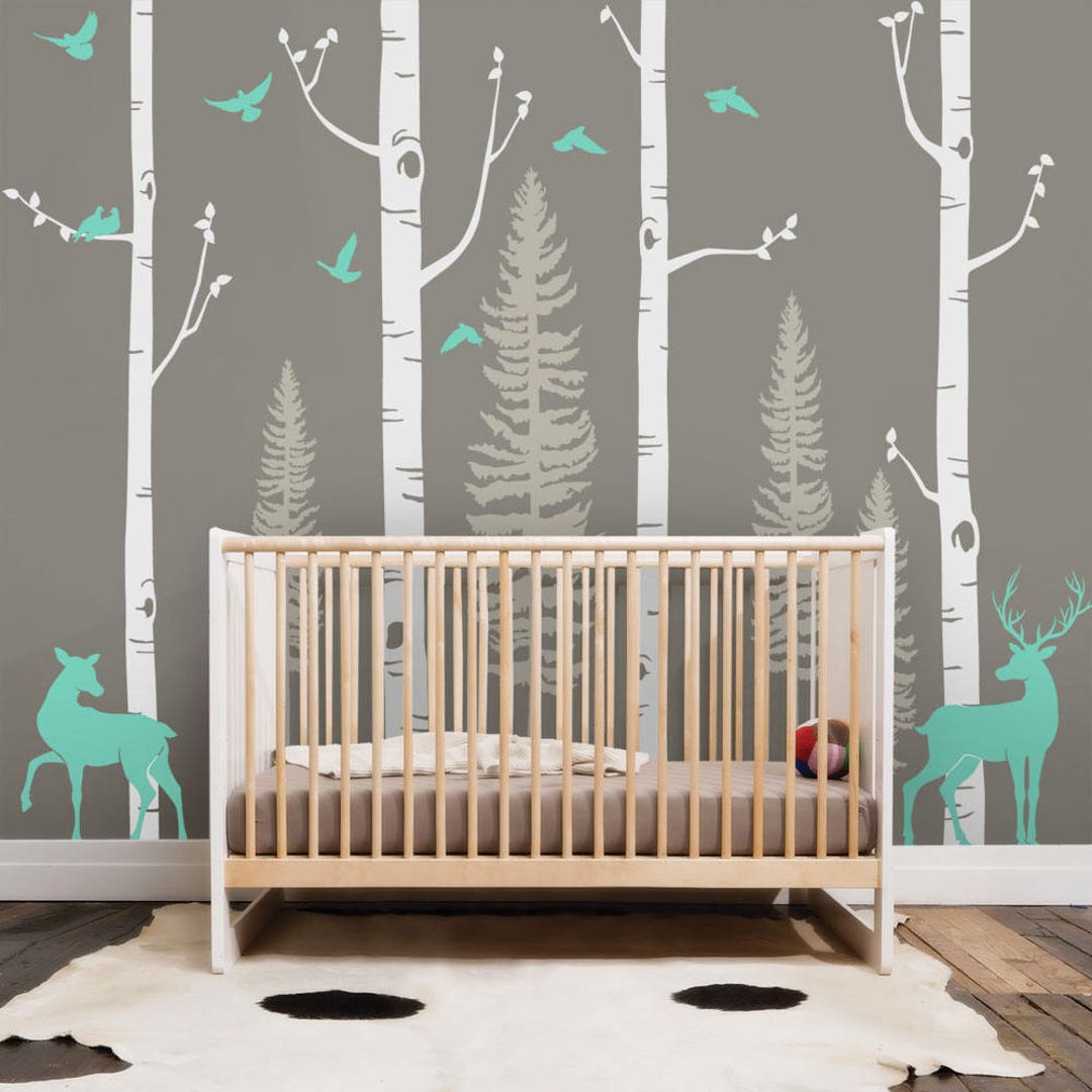 Forest Birch Tree Wall Decal With Deer, Baby Nursery Wall Stickers ...