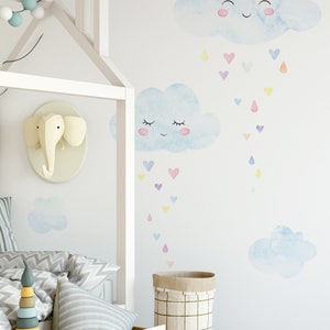 Watercolor Clouds With Heart Rain - Peel and Stick - Wall Stickers - Etsy