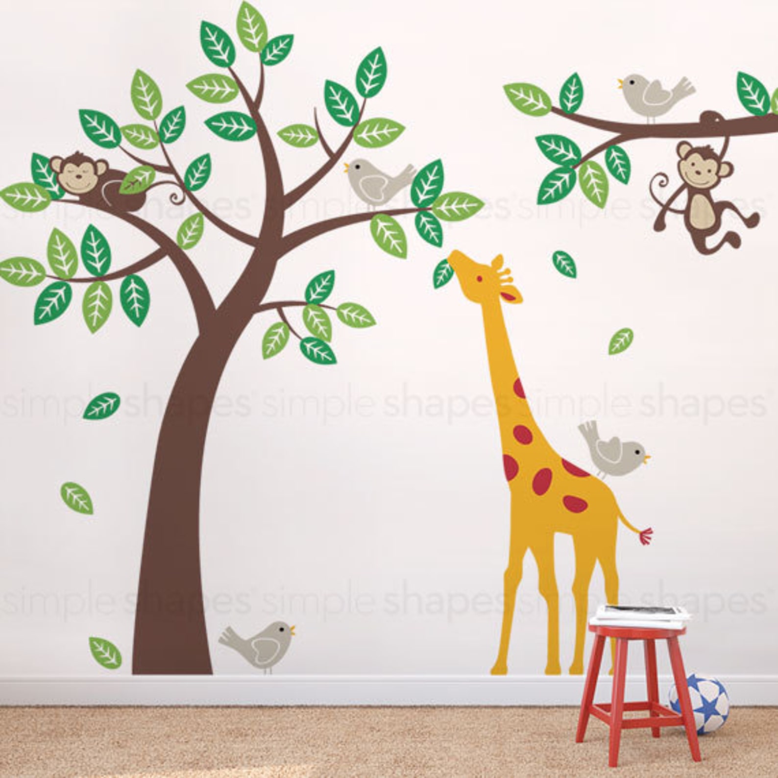 Tree With Monkeys Giraffe and Birds Wall Decals Baby Nursery - Etsy