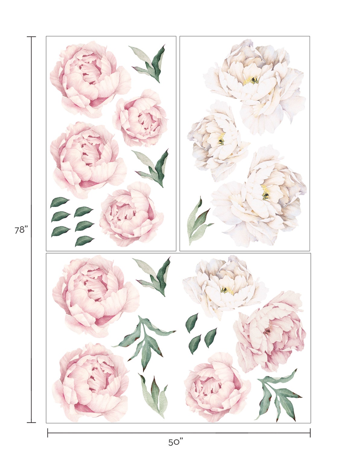 Peony Flowers Wall Sticker-large Set Simple Shapes Peel and | Etsy