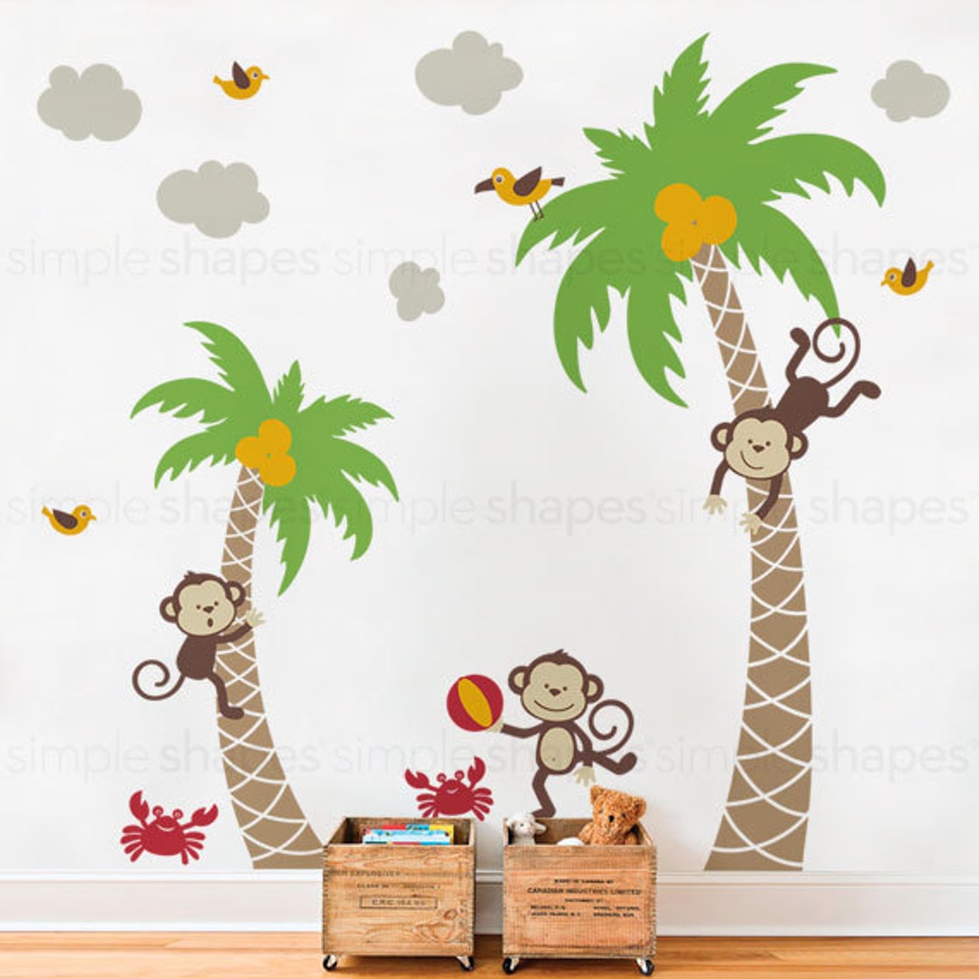 3 Monkeys With Palm Tree Wall Decal - Nursery Wall Decal - Nursery ...