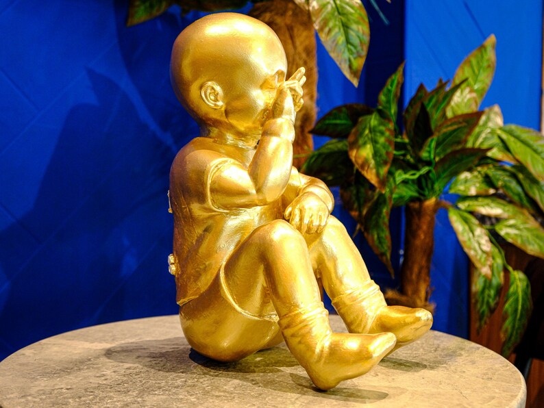 Crafted Gold Finger Pointing Child Sculpture – Sitting 2 Finger Gesture ...