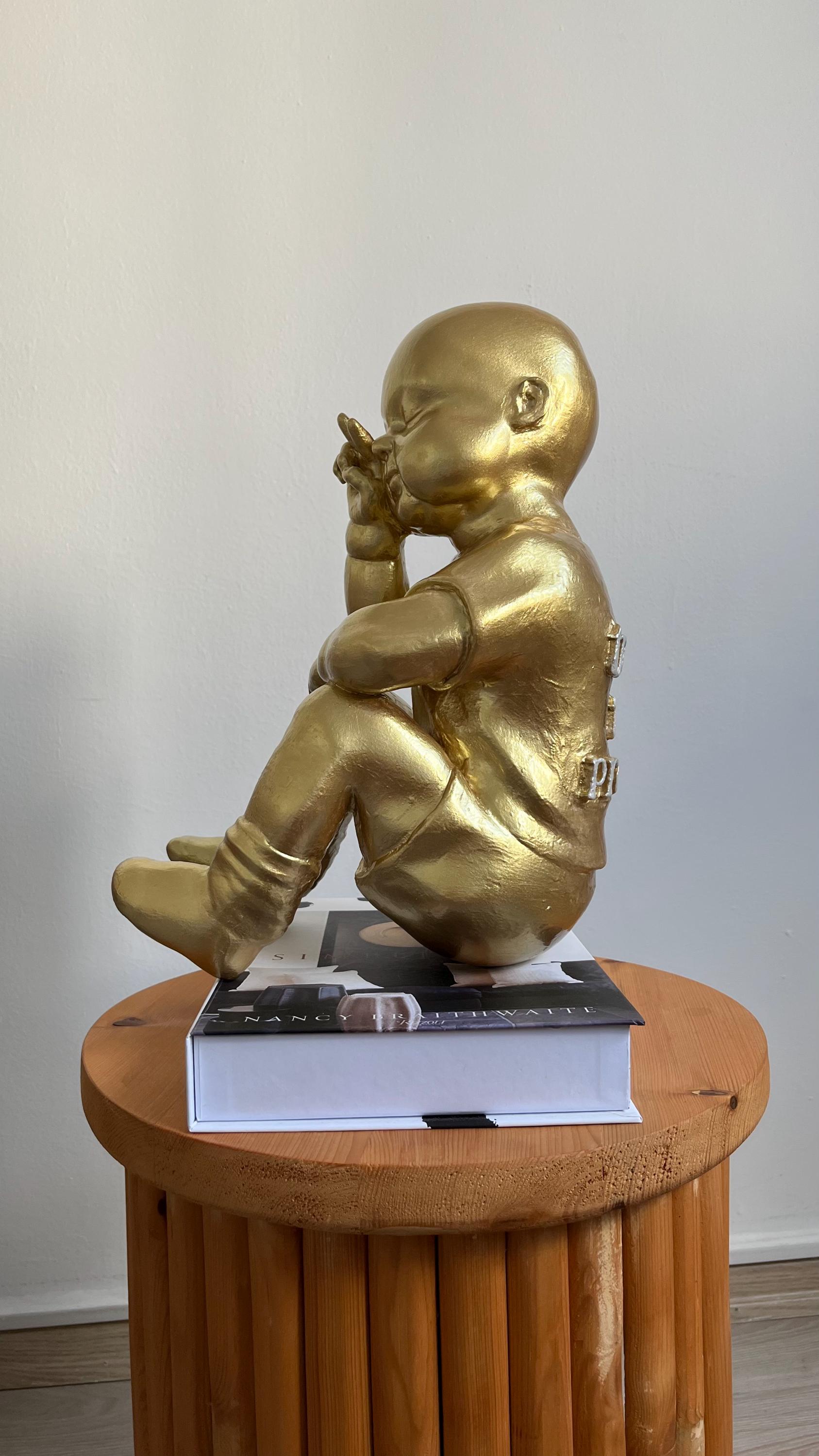 Crafted Gold Finger Pointing Child Sculpture – Sitting 2 Finger Gesture ...