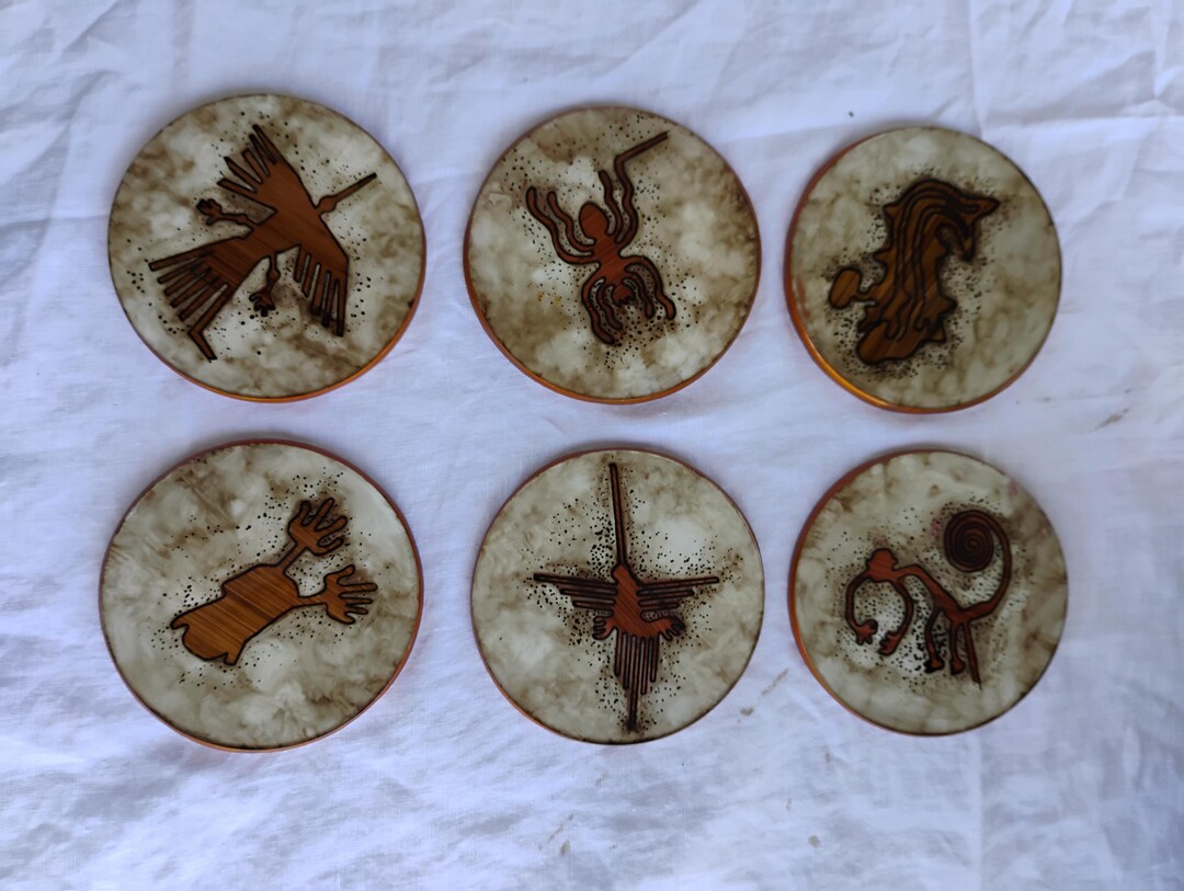 6 Coaster Nazca Lines, Peru, Round in Copper White and Black Gorgeous ...