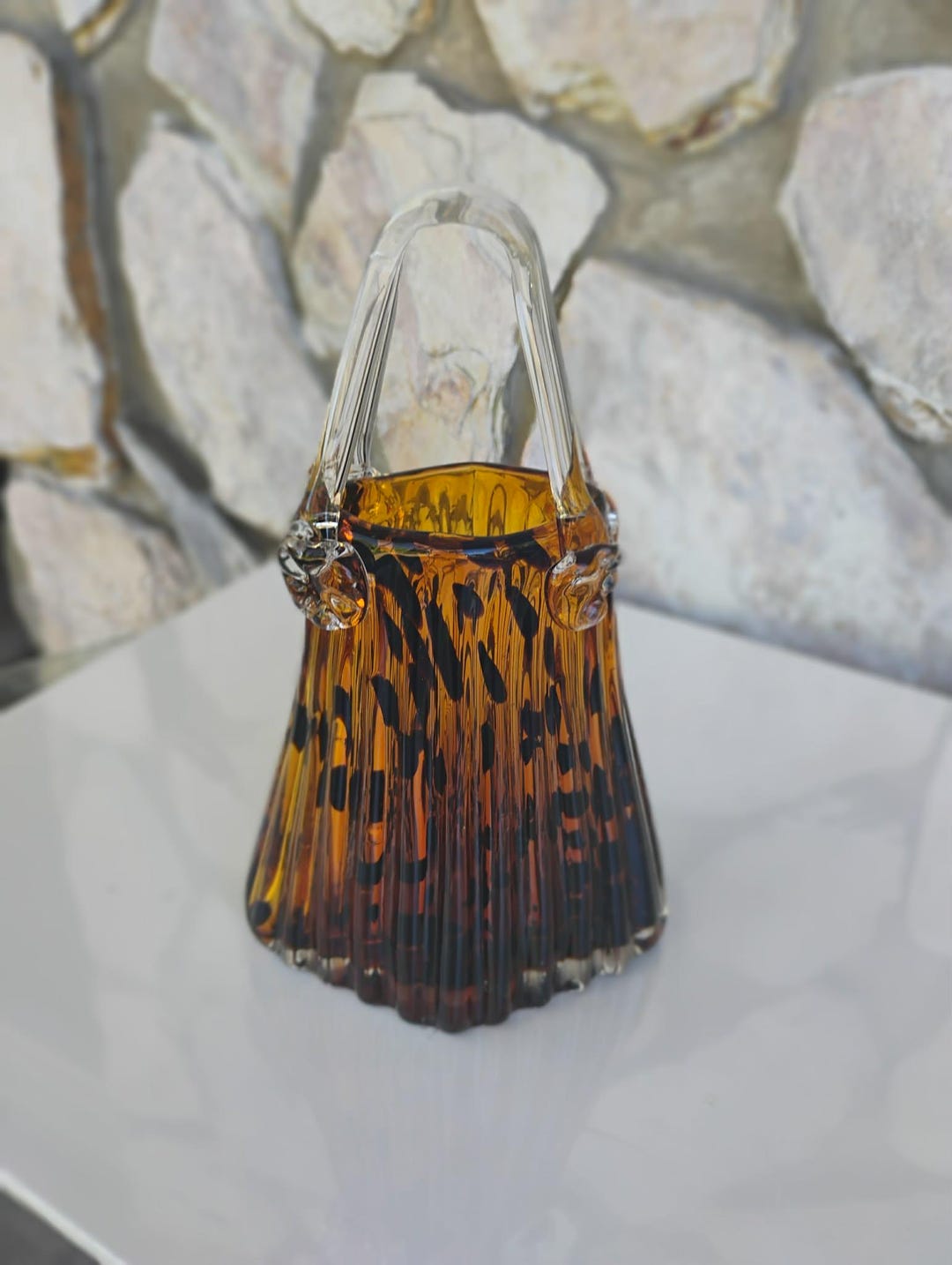 Murano Style Art Glass Purse Vase – Tortoise Shell Handbag Design – 11 ...