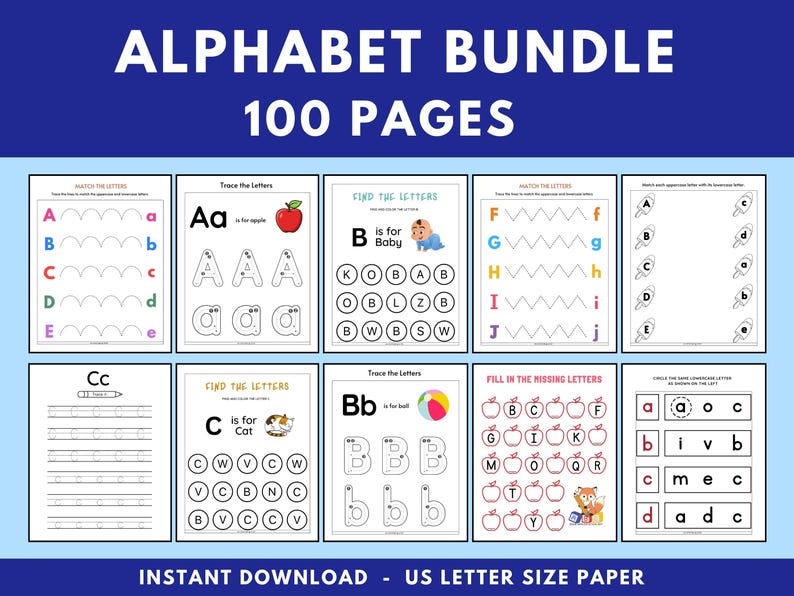 Alphabet Worksheets, Printable Alphabet Worksheets Bundle, Tracing ...