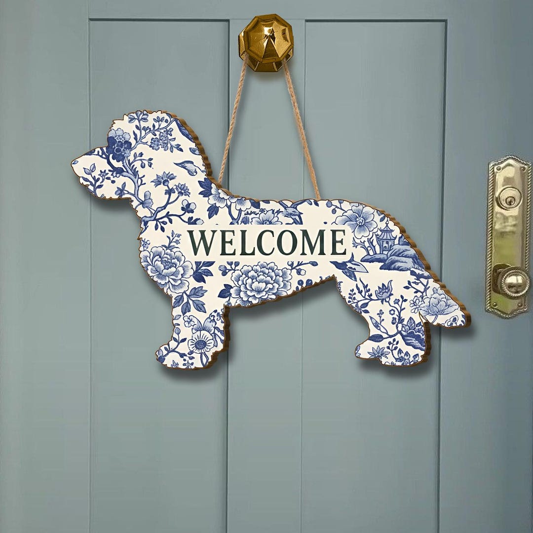 Bernedoodle Dog Welcome Wooden Sign, Blue White Chinoiserie Puppy Door ...