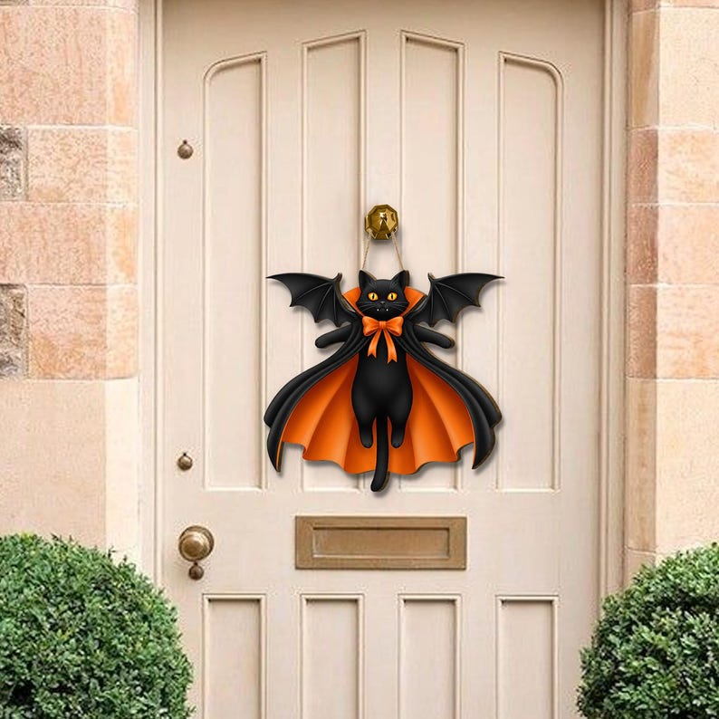 Halloween Black Cat Vampire Bat Wooden Sign, Gothic Wall Decor - Etsy