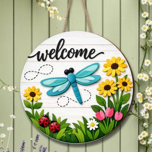 Dragonfly Welcome Sign, Round Wooden Spring Decor - Etsy