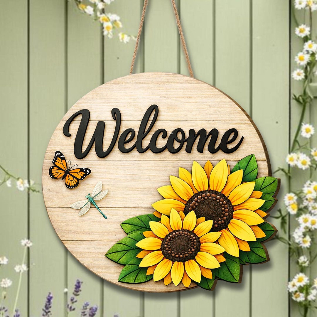 Welcome Sunflower Door Sign, Round Farmhouse Porch Decoration ...