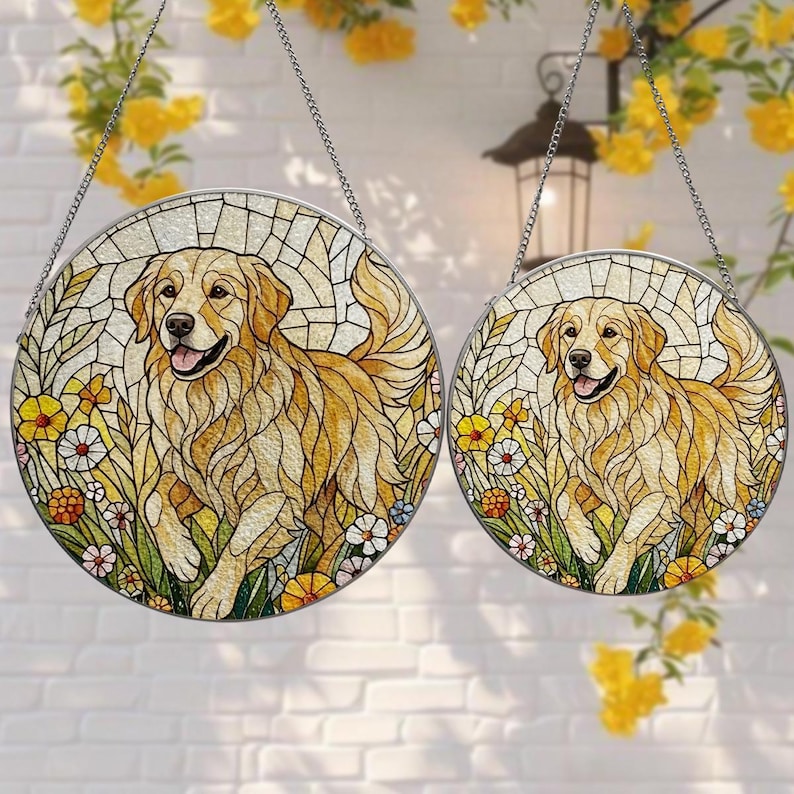 Golden Retriever Glass Suncatcher, Dog Memorial Gift, Floral Pet Window ...