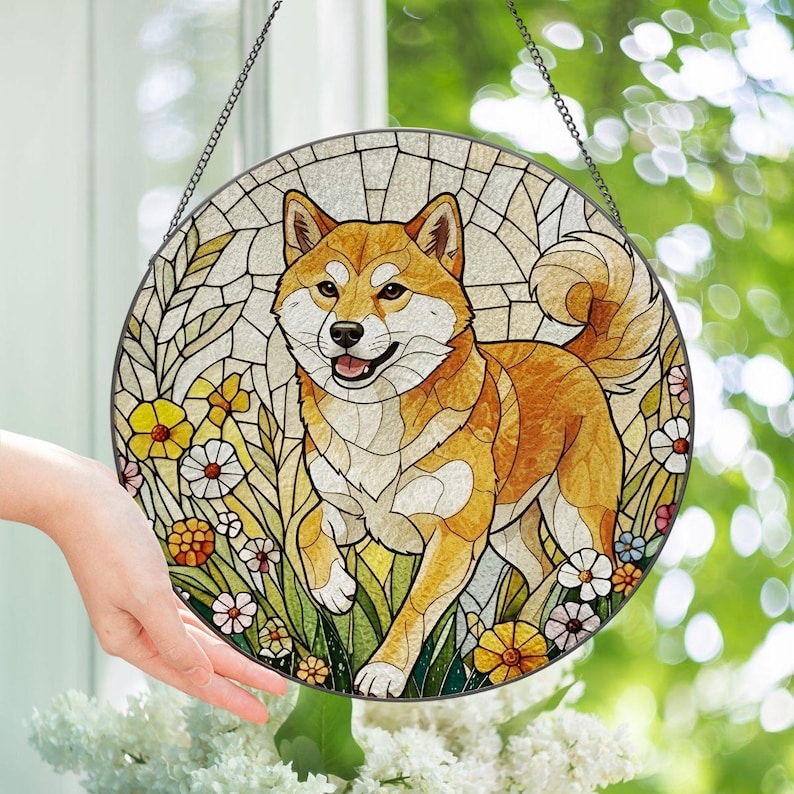 Shiba Inu Glass Suncatcher, Dog Memorial Gift, Floral Pet Window ...