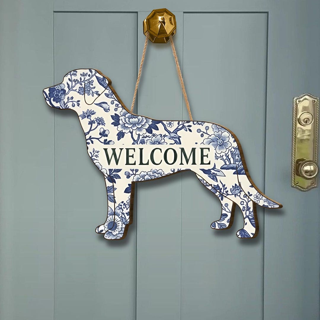Labrador Welcome Sign, Blue and White Chinoiserie Dog Wall Art, Wooden ...