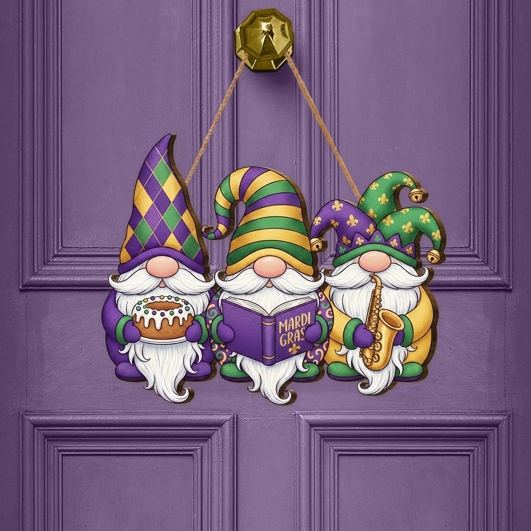 Mardi Gras Gnome Sign, Mardi Gras Door Hanger, Gnome Welcome Sign ...
