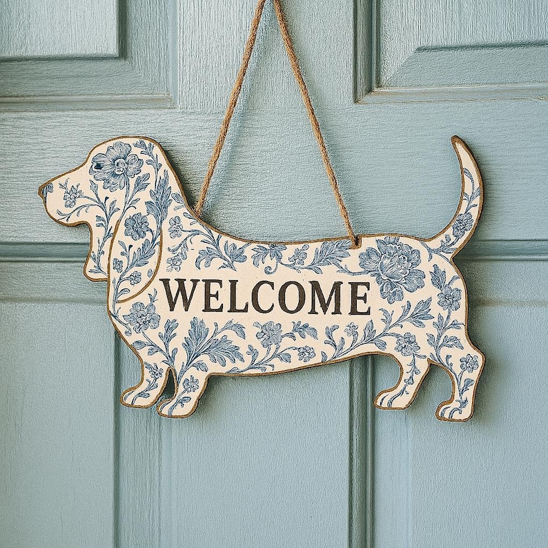 Basset Hound Welcome Sign, Chinoiserie Dog Door Decor, Blue Floral Dog ...