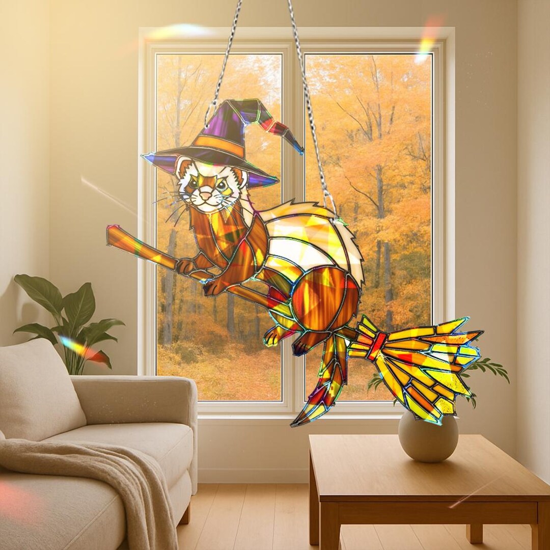 Halloween Witch Ferret Suncatcher, Stained Glass Style Acrylic Window ...
