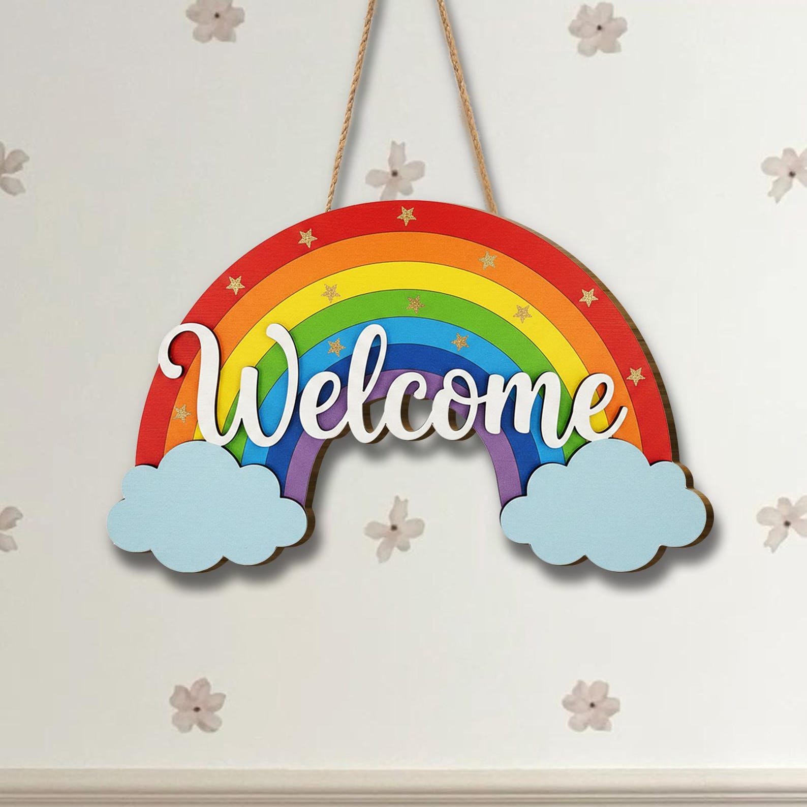 Rainbow Welcome Sign, Colorful Wooden Door Hanger, Whimsical Home Decor ...