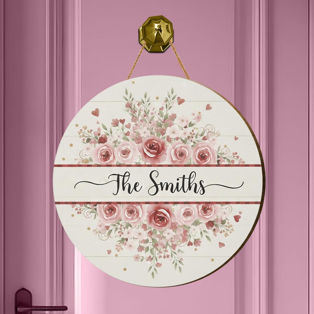 Personalized Floral Family Name Wood Sign, Rustic Farmhouse Door Hanger ...