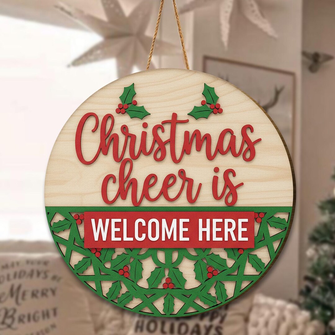 Christmas Cheer Welcome Sign, Rustic Round Wooden Holiday Door Hanger ...