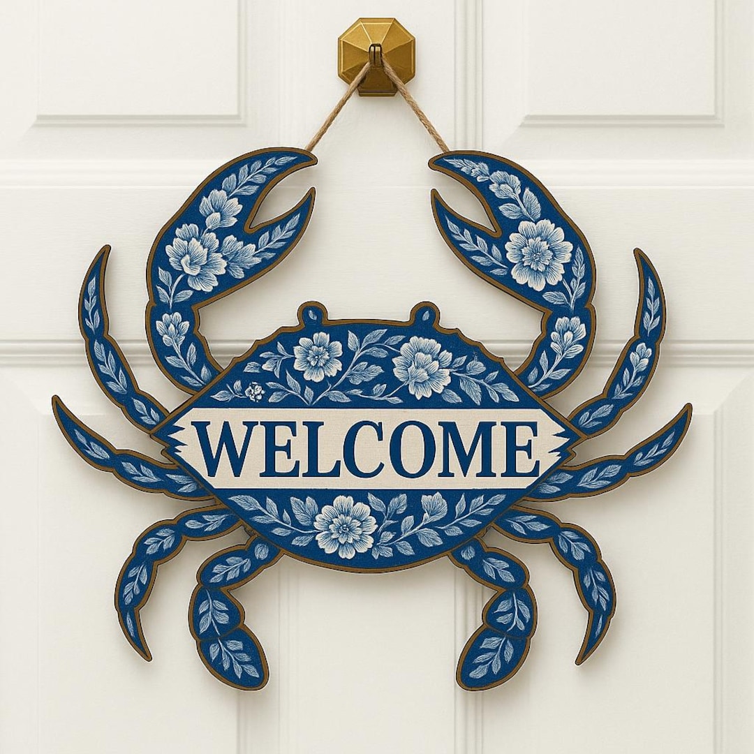 Crab Welcome Sign, Chinoiserie Wooden Door Decor, Blue Floral Nautical ...