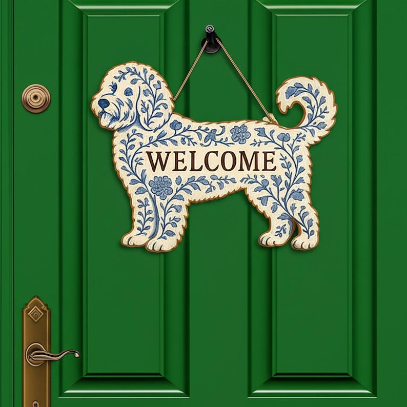 Golden Doodle Welcome Sign, Chinoiserie Dog Door Decor, Blue Floral Pet ...