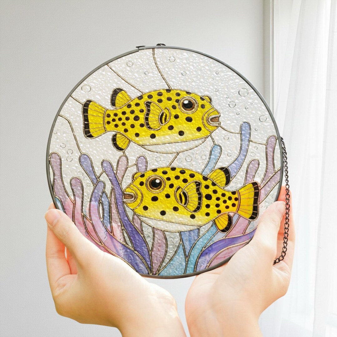 Pufferfish Glass Suncatcher, Yellow Puffer Fish Glass Window Hanging ...