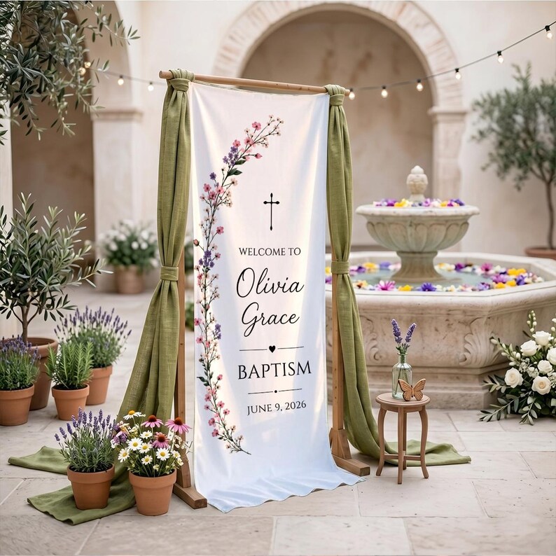 Personalized Floral Baptism Linen Sign, Custom Welcome Banner, Church ...