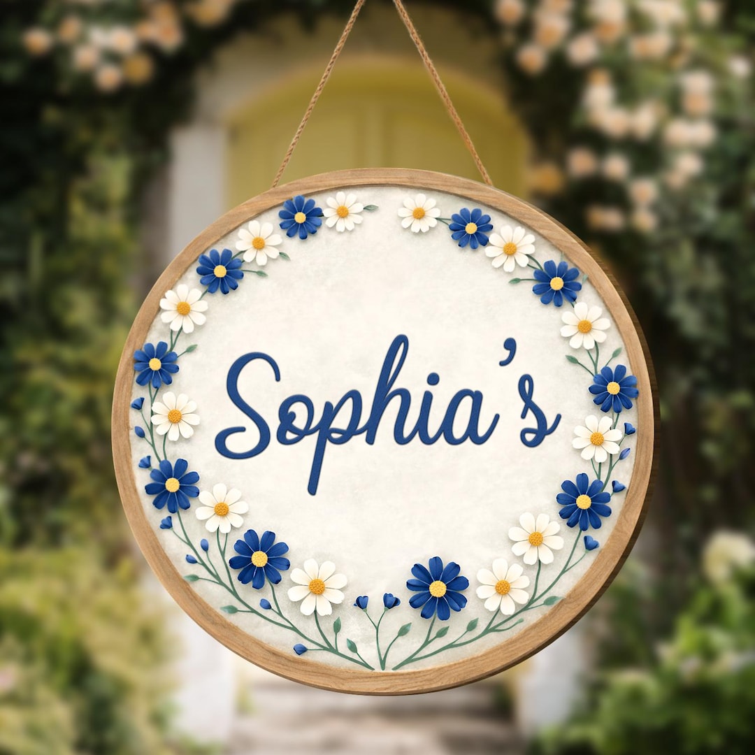 Personalized Name Door Sign, Custom Floral Round Sign, Blue Flower ...