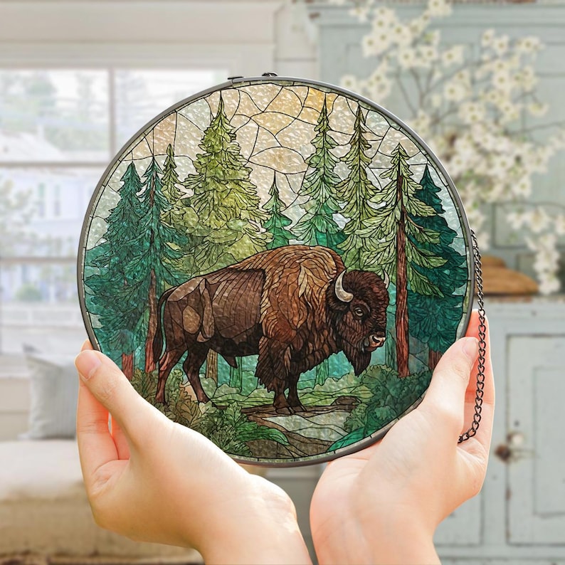 Bison Glass Suncatcher, Glass Buffalo Window Hanging, Wildlife Forest ...