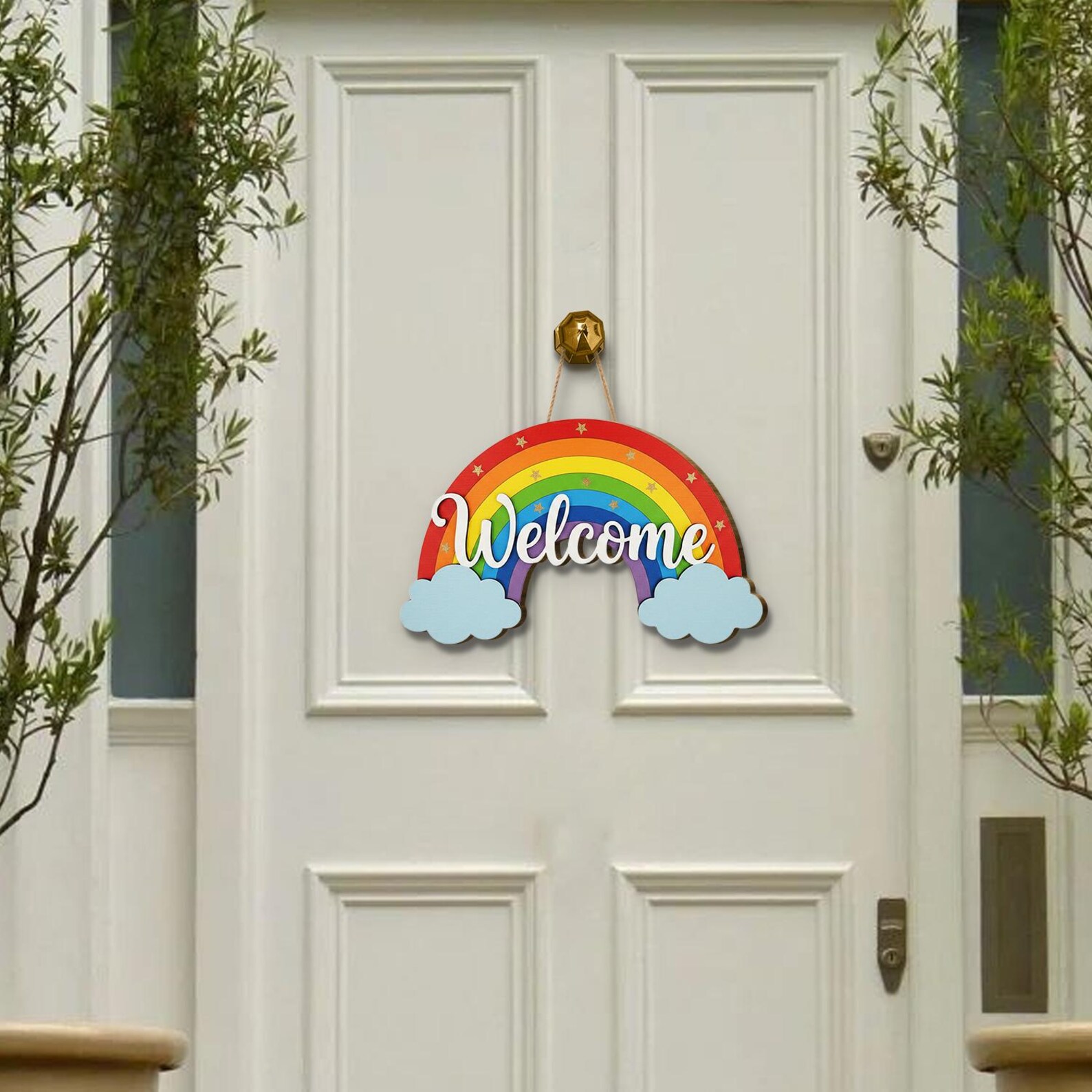 Rainbow Welcome Sign, Colorful Wooden Door Hanger, Whimsical Home Decor ...