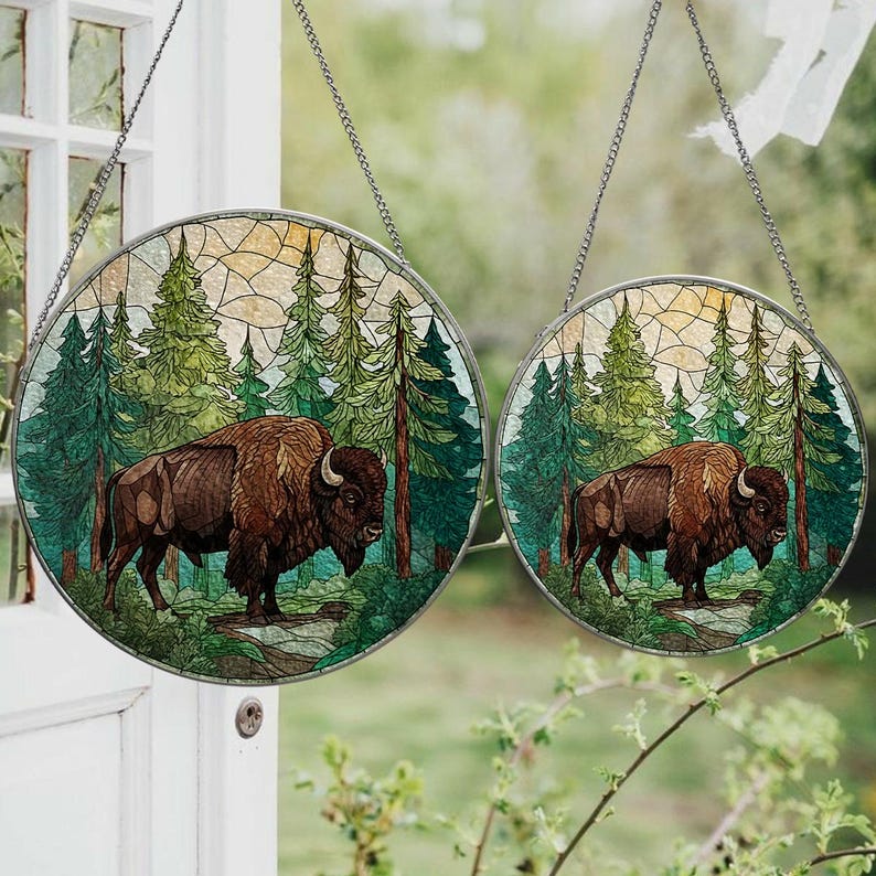 Bison Glass Suncatcher, Glass Buffalo Window Hanging, Wildlife Forest ...