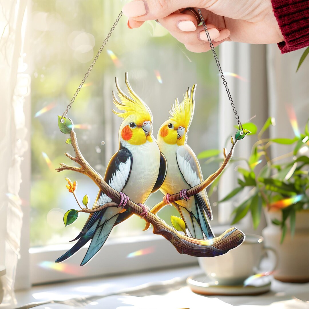 Hologram Cockatiel Couple, Cockatiel Acrylic Window Hanging, Cockatiel ...