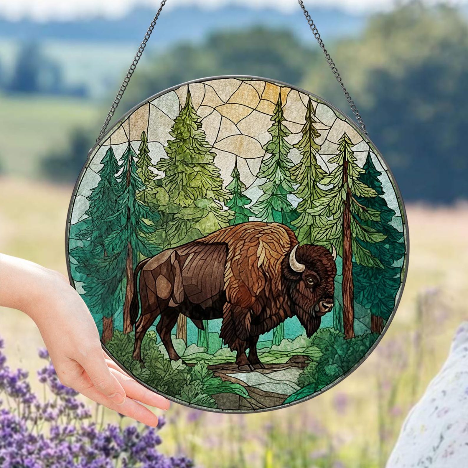 Bison Glass Suncatcher, Glass Buffalo Window Hanging, Wildlife Forest ...