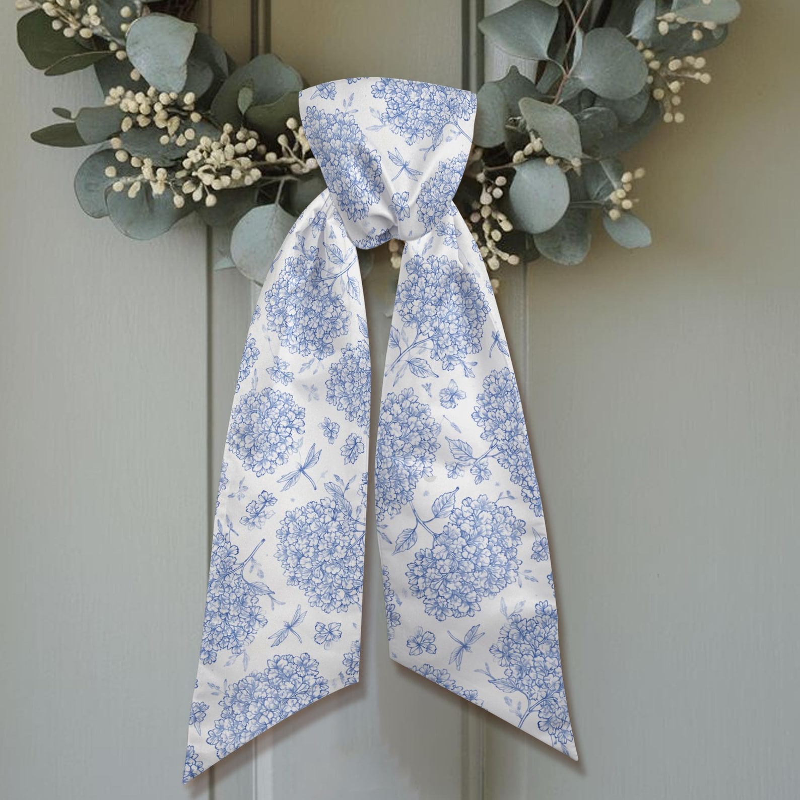 Blue Hydrangea Wreath Sash, Farmhouse Door Decoration, Spring Floral ...