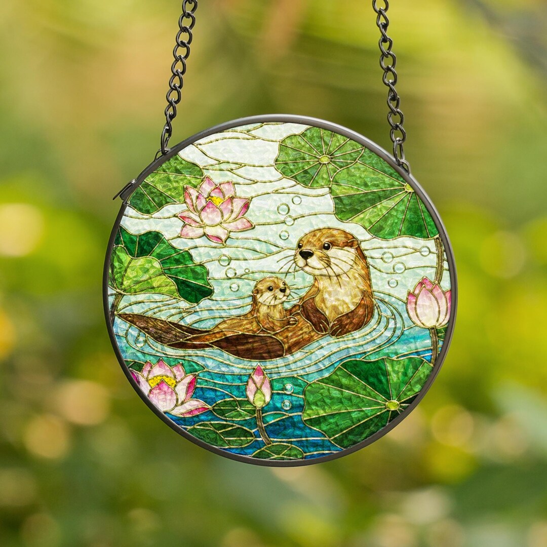 Sea Otter Glass Suncatcher, Otter Mother and Pup Window Hanging, Nature ...