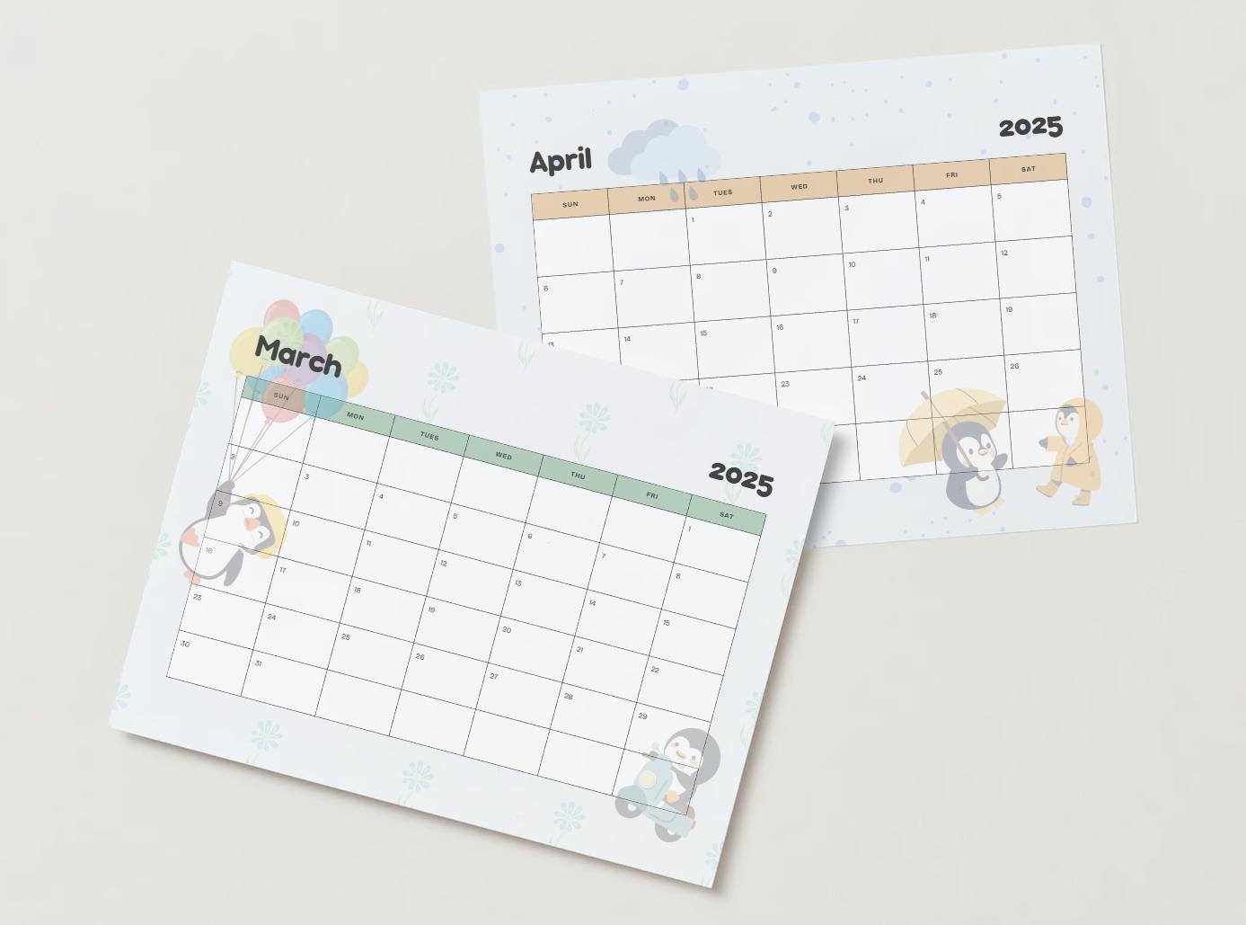 2025 Calendar Printable, Cute Penguins Theme, Cute Kids Calendar 2025 ...