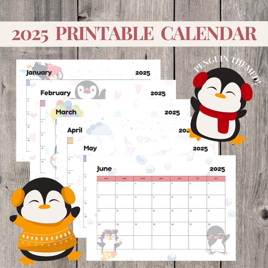 2025 Calendar Printable, Cute Penguins Theme, Cute Kids Calendar 2025 ...