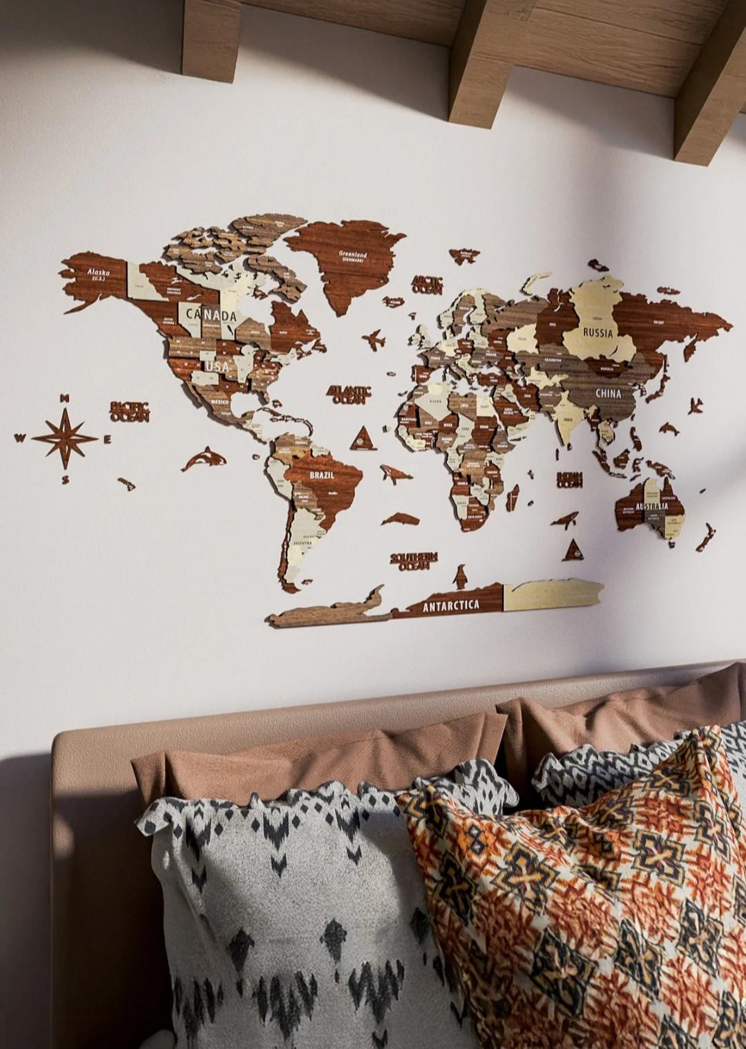 3D Wooden World Map, Wooden Wall Decor, Wall Art, Real World Map Wall ...