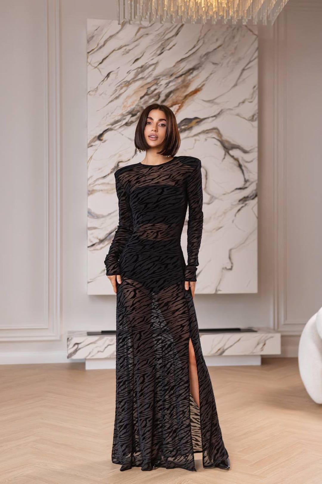 Zebra Mesh Dress, Sheer Long Sleeve Dress, Black Maxi Dress ...