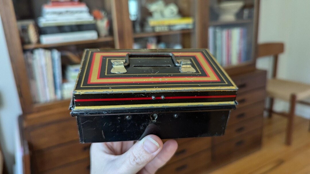 Vintage Black Gold and Red Bank Tin Money Box With Handle Trinket Box ...